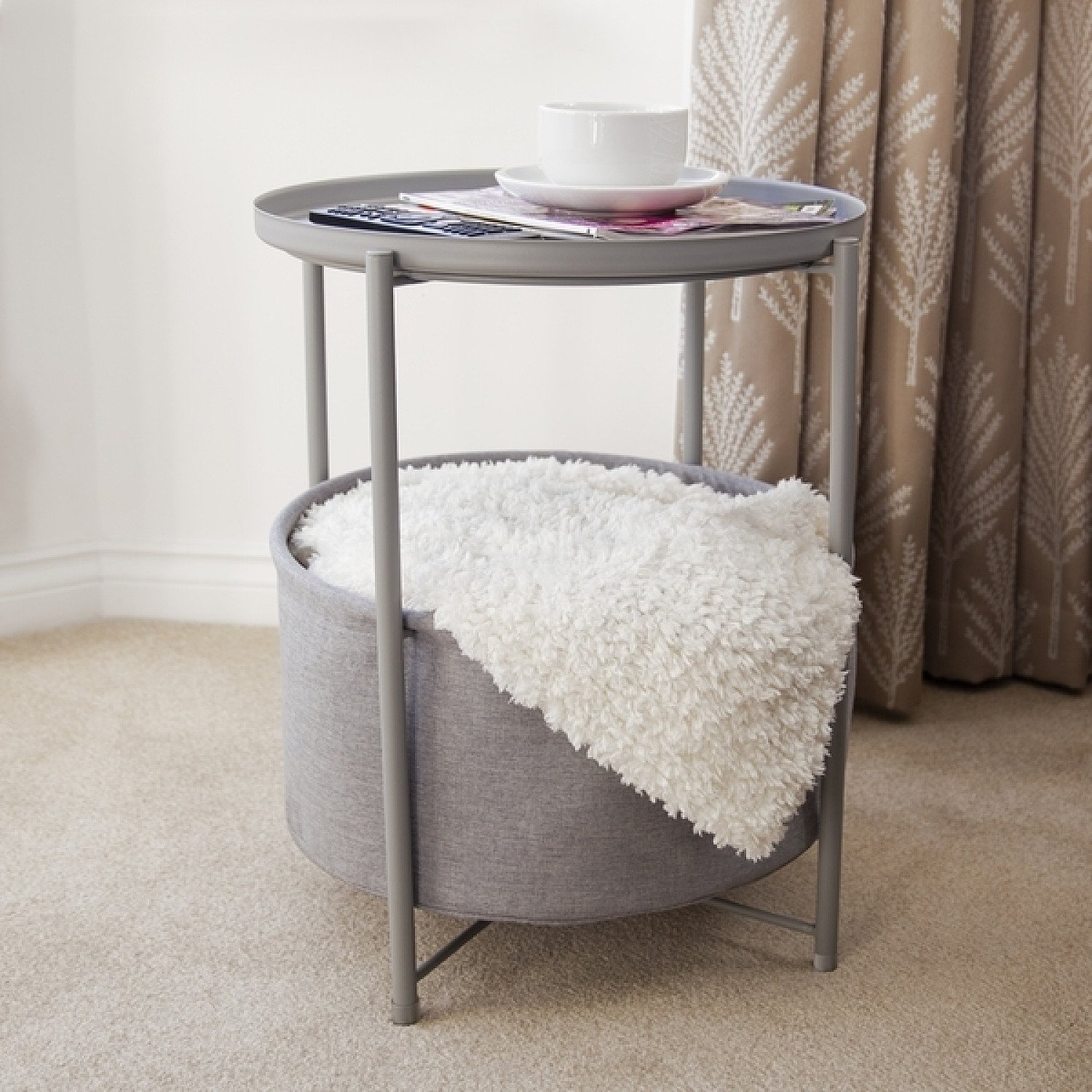 Circular End Table with Fabric Storage Basket Light Grey | 1 of a kind ...